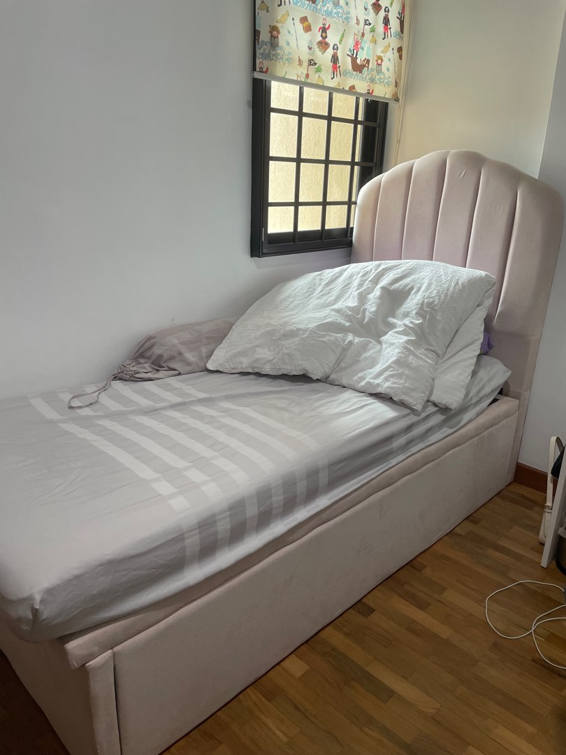 Fortytwo upholstered Single bed frame with storage, Furniture & Home Living, Furniture, Bed ...