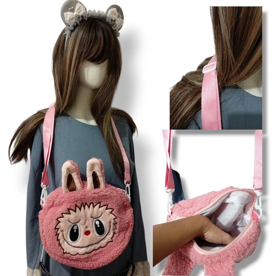 pink labubu adjustable medium size plush shoulder bag, Women's Fashion ...