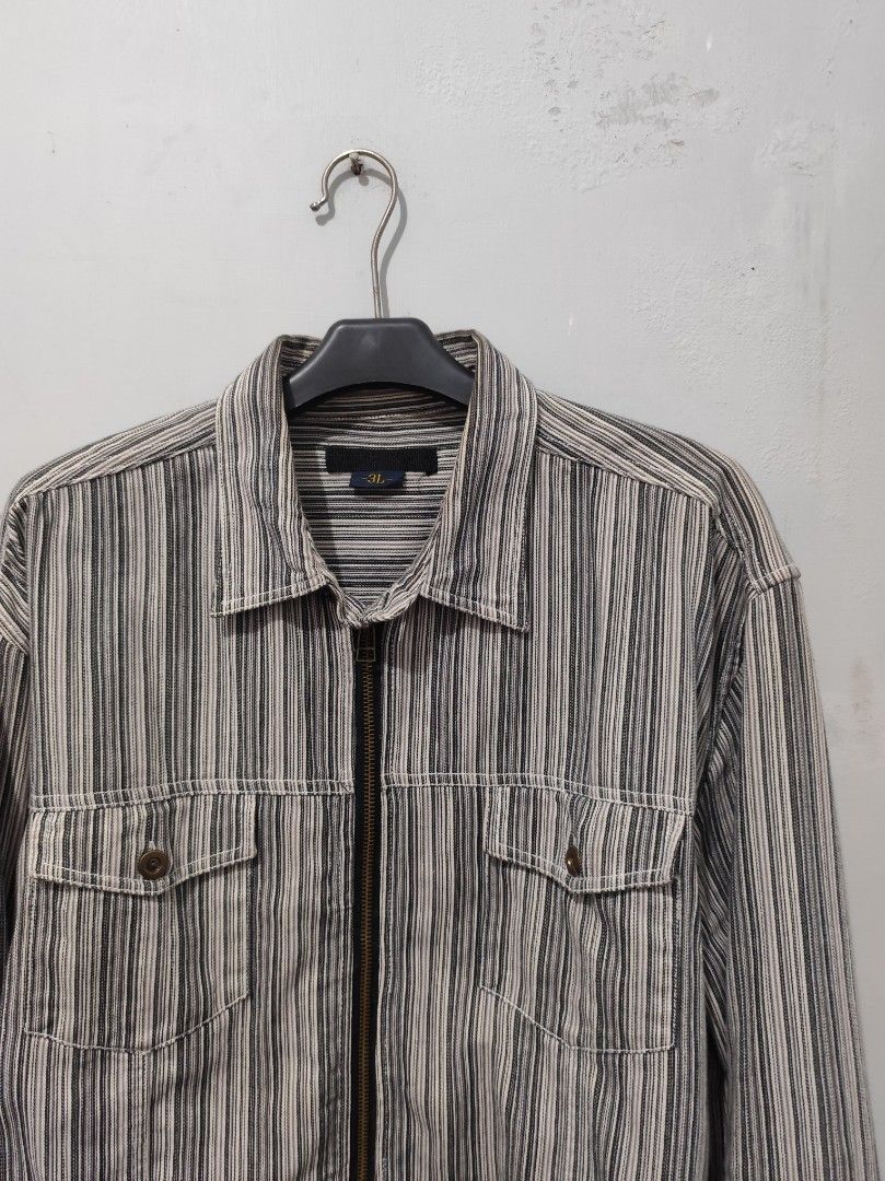 Vintage Japanese Work Jacket Stripe Pattern Blank Boxy Fit, Fesyen Pria ...