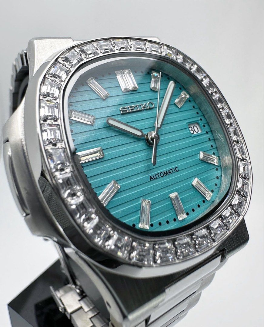 Custom Seiko Mod 40mm Double Diamond Turquoise Nautilus Automatic Watch ...