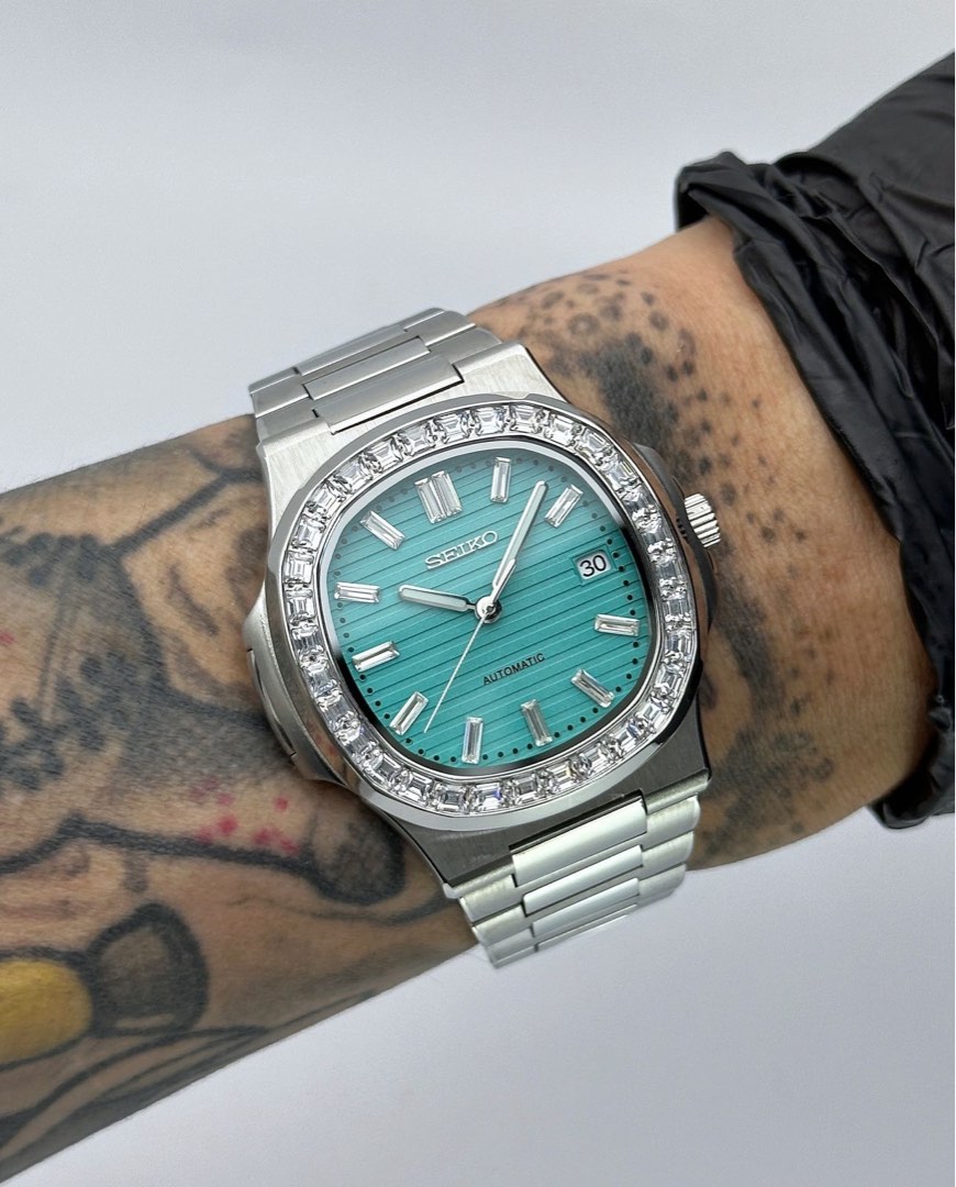 Custom Seiko Mod 40mm Double Diamond Turquoise Nautilus Automatic Watch ...