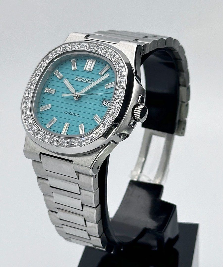 Custom Seiko Mod 40mm Double Diamond Turquoise Nautilus Automatic Watch ...