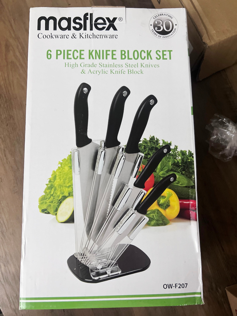 Masflex Original 6 Piece Stainless Steel Knives and Acrylic Knife Block ...