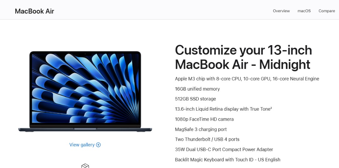 Apple Macbook Air M3 13in, 16GB RAM, 512GB SSD Storage (2024 ...