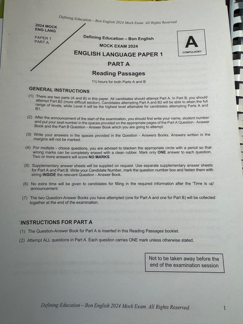 Bon Lam DSE English mock paper1,2,3 and marking scheme, 興趣及遊戲, 書本 & 文具 ...