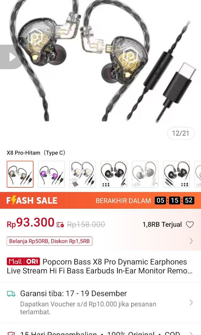 BRAND NEW Popcorn Bass X8 Pro Dynamic Earphones ( hitam type c ...