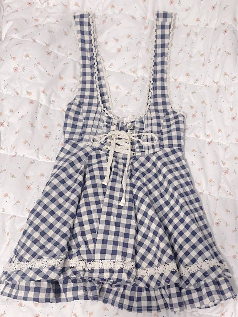 liz lisa lace up navy blue gingham jsk jumperskirt dress jfashion japan ...