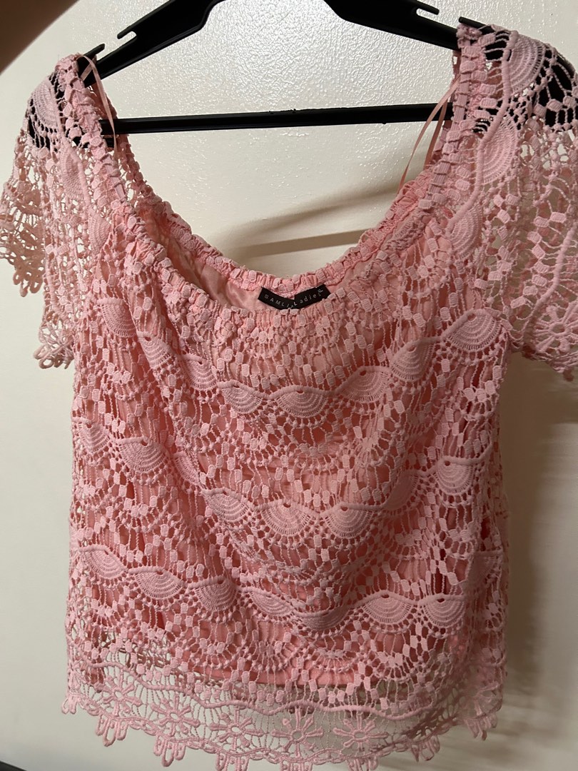 Pink Lace Semi crop top, Women's Fashion, Tops, Blouses on Carousell
