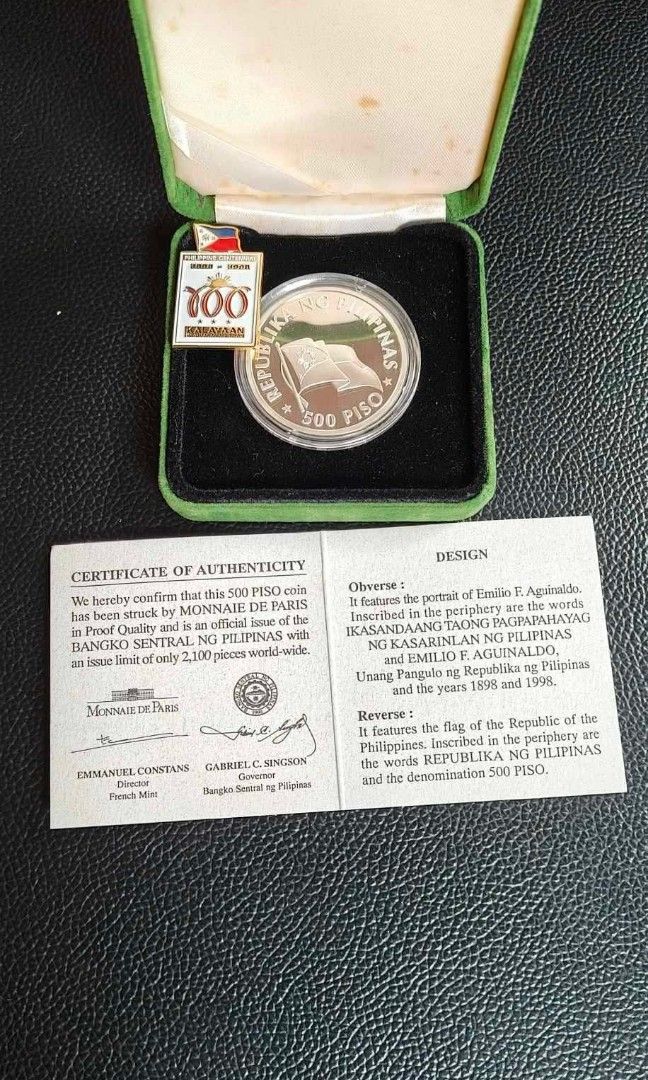 Proof 500 piso aguinaldo complete with box and certificate of ...