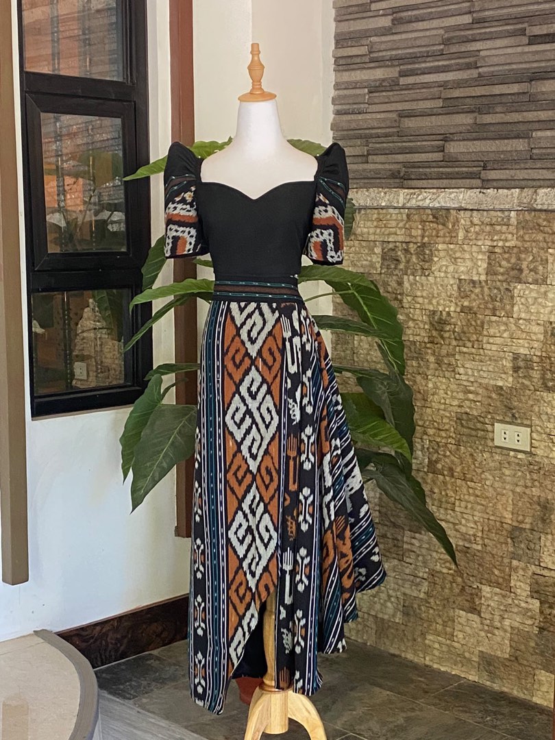 BLACK AND BROWN HANDWOVEN INABEL FILIPINIANA TOP AND SKIRT FOR RENT ...