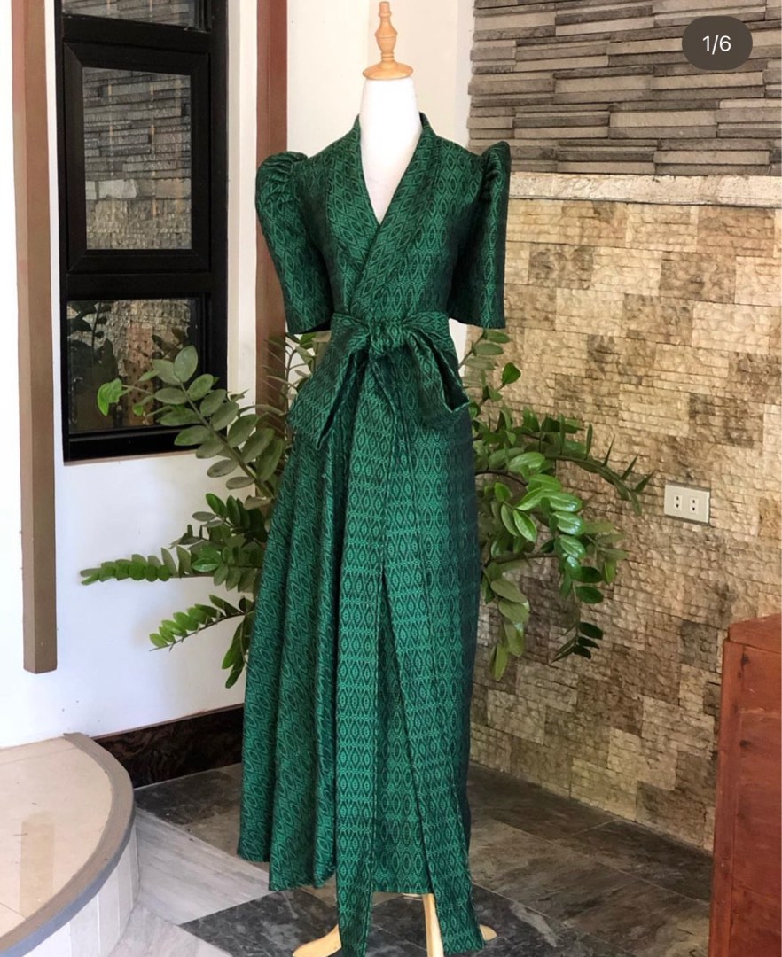 EMERALD GREEN HANDWOVEN INABEL FILIPINIANA LONG GOWN FOR RENT, Women's ...