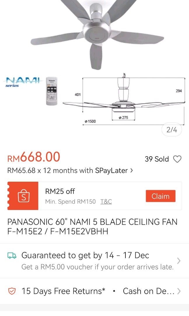 Panasonic nami 5 blade ceiling fan, Furniture & Home Living, Lighting ...
