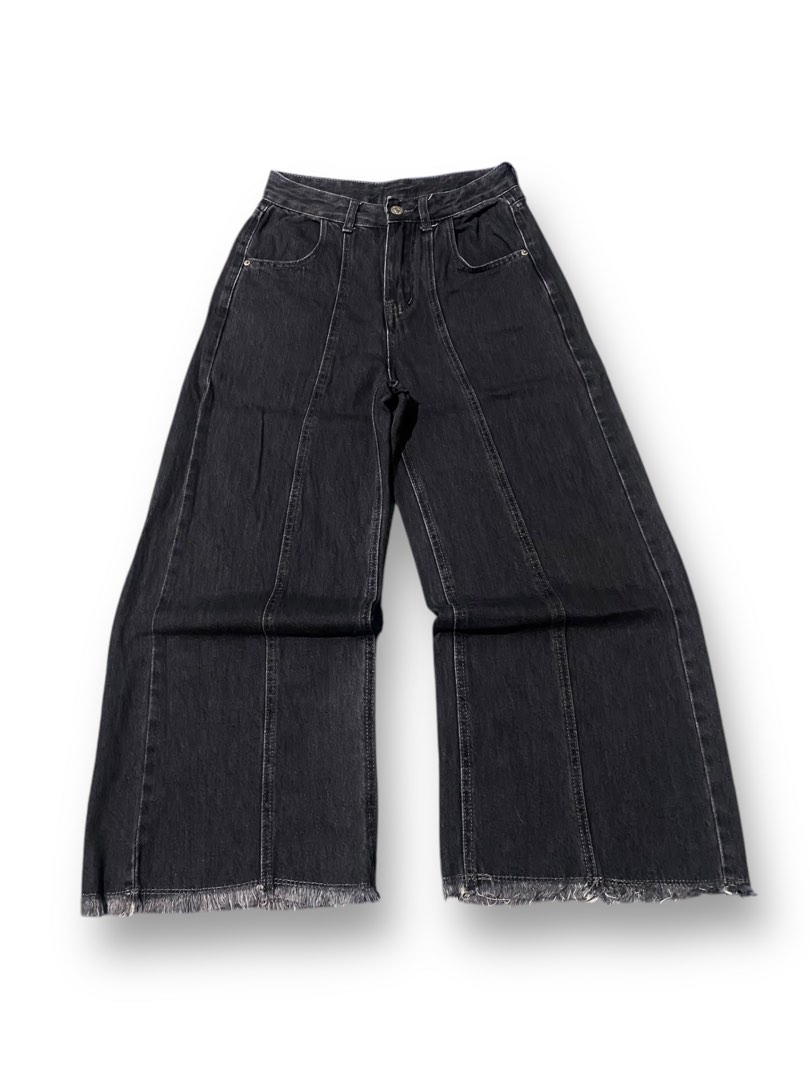 BLACK WASH TATTERED HEM BAGGY JEANS, Men's Fashion, Bottoms, Jeans on ...
