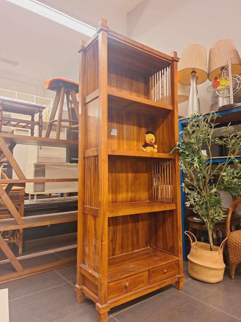 Minimalist Balinese Solid Teak Wood 4-tier Bookcase w/ Drawers ...