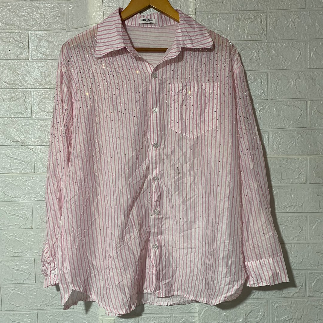 MIU MIU RHINESTONE AOP DESIGN BUTTON UP, Luxury, Apparel on Carousell