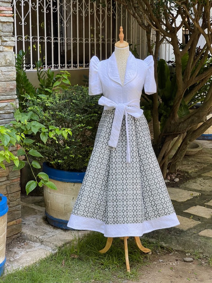 WHITE AND DARK GRAY INABEL HANDWOVEN FILIPINIANA LONG DRESS FOR RENT ...