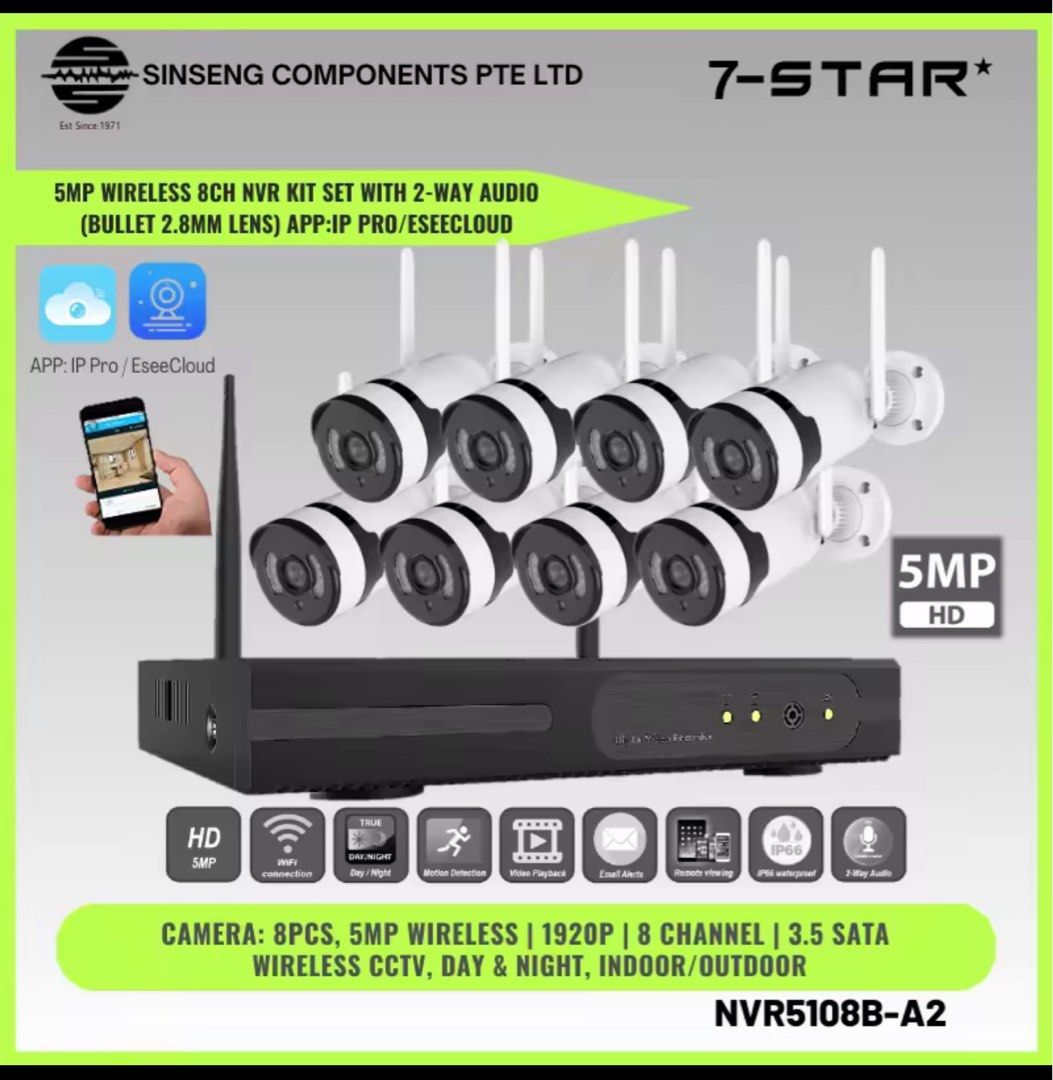 7-STAR* 5MP IP Pro Wireless CCTV 8CH NVR Kit Set with 2-Way Audio IP Camera (Weatherproof IP68 ...
