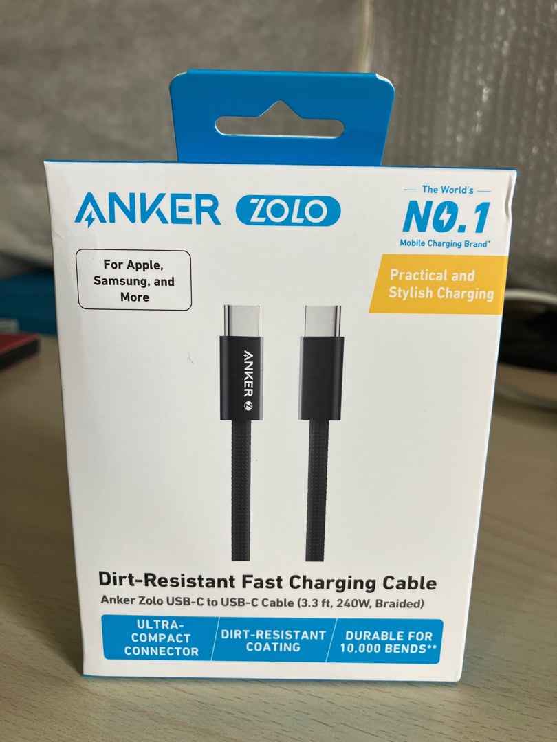 Anker Zolo PD 240W USB C to USB C Cable Braided and Dirt-Free Type C Fast Charging Cable, Slim ...