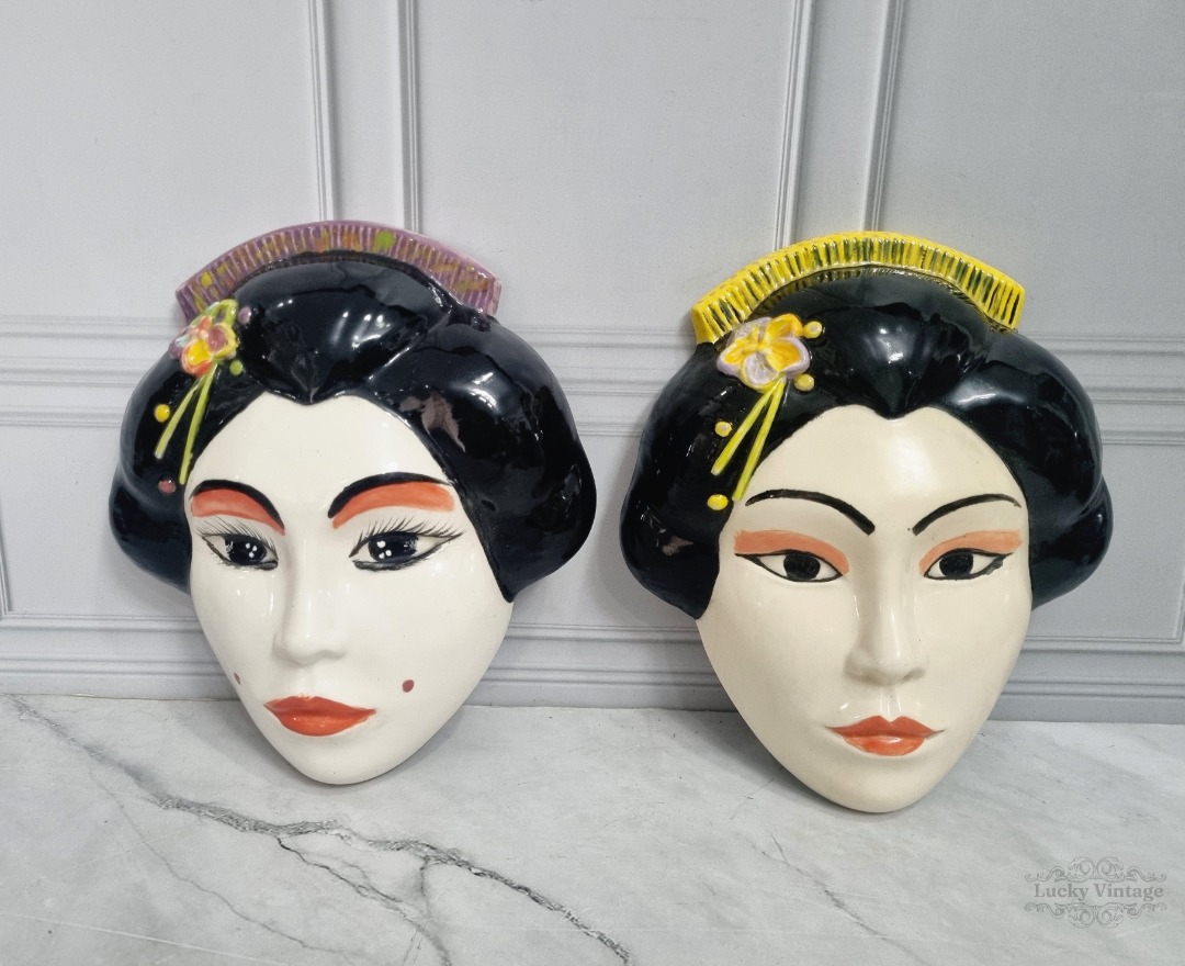 Vintage Sepasang Keramik Porselen Beautiful Geisha Lady Face Mask Wall ...