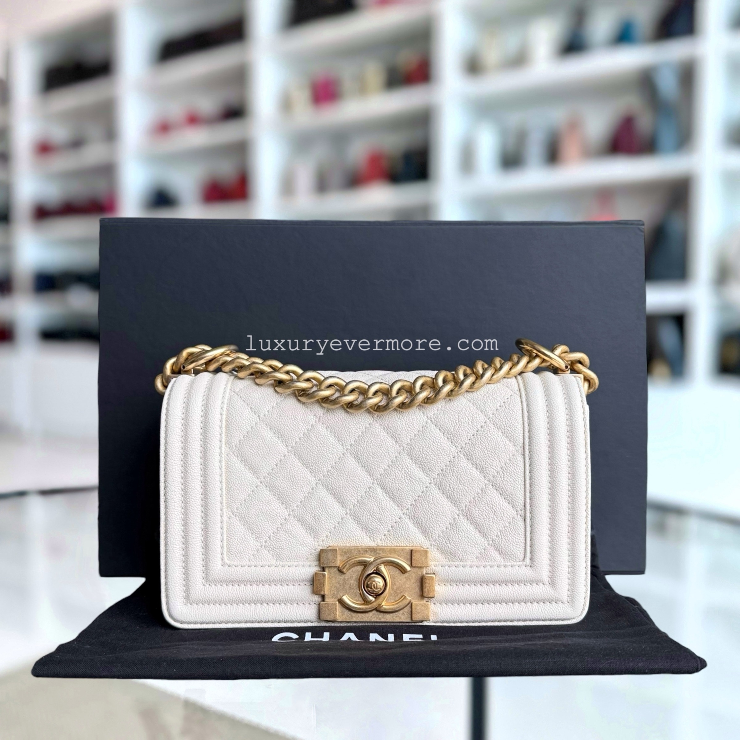 Chanel Boy Small - Caviar Quilted Cream White Gold Hardware, Luxury ...