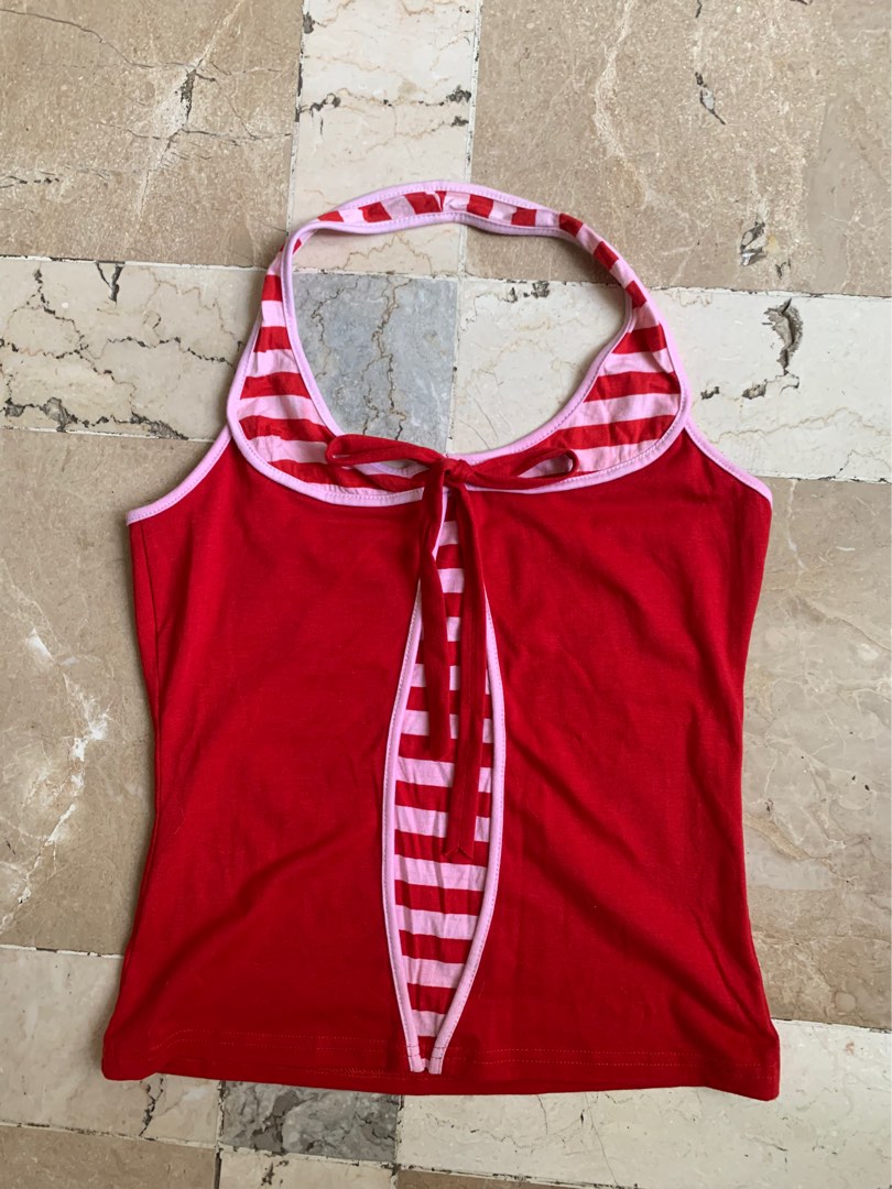 Y2K NAUTICAL RED WHITE STRIPE HALTER TOP, Women's Fashion, Tops ...
