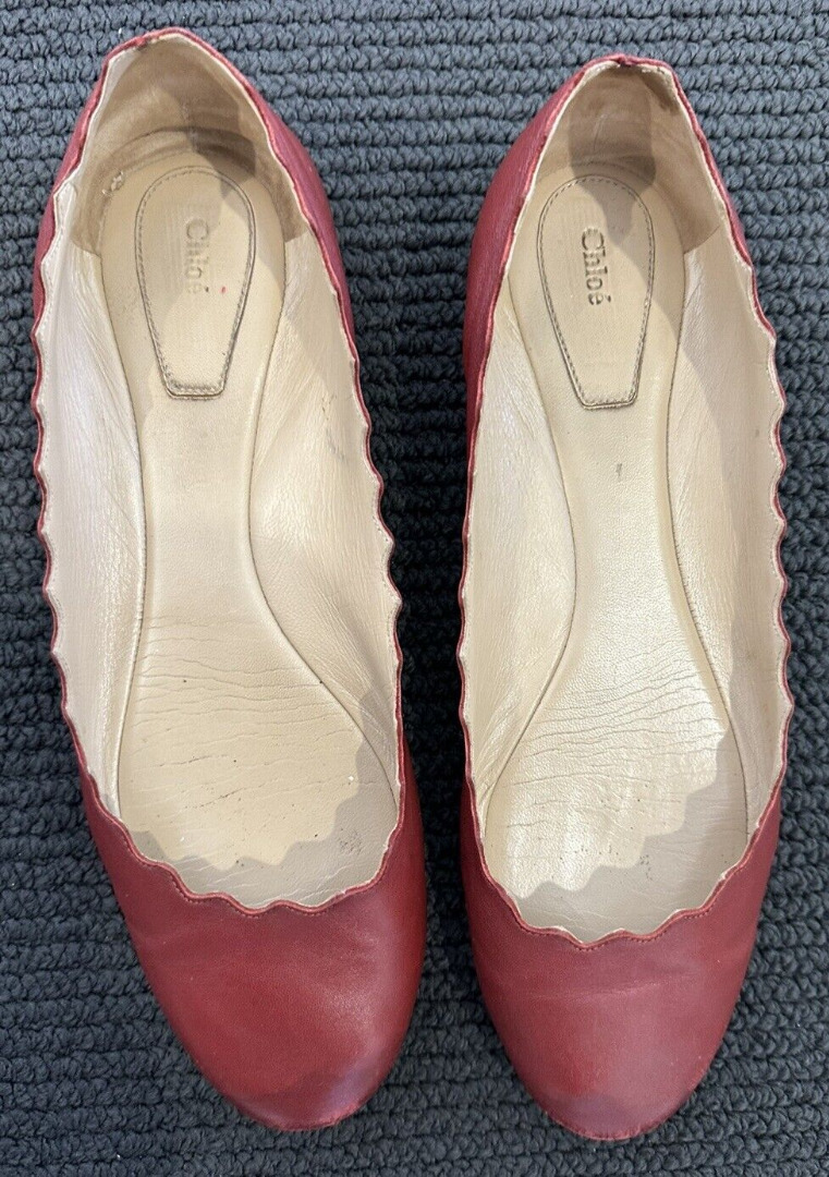 CHLOE Red Lauren Scalloped Ballet Flats Sz 41 RRP $800, Women's Fashion ...