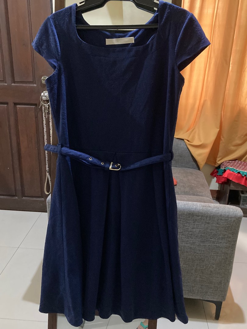 CLN blue dress with belt and patterned fabric, Women's Fashion, Dresses ...