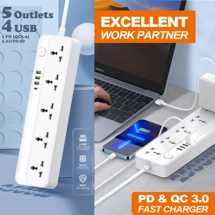 VANENIK 5 Gang Multi plug Universal Power Strip With USB C Extension ...