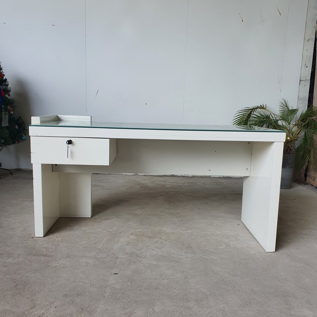 White Vanity Minimalist Study Desk with Glass Top, Furniture & Home ...