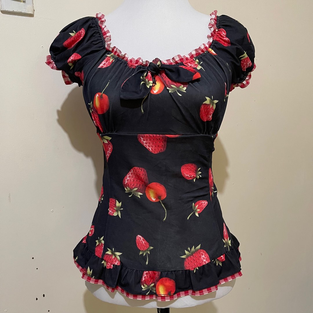 Cherry Strawberry Fruit Pattern Black Milkmaid Top | Dark coquette ...