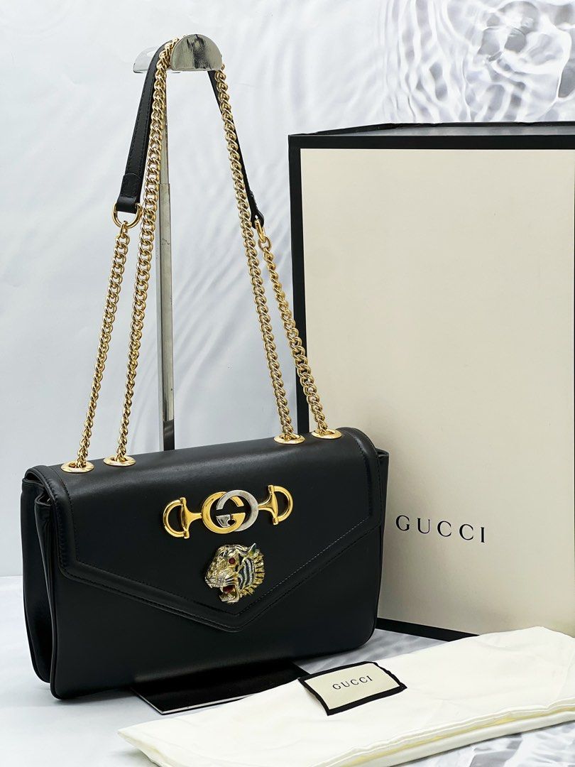 GUCCI RAJAH TIGER HEAD MEDIUM CHAIN CROSSBODY FLAP BAG IN BLACK SOFT ...