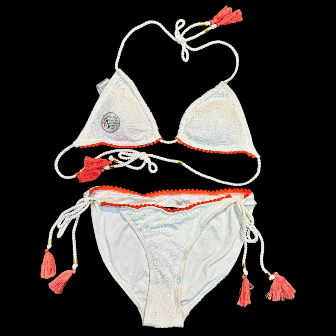 JANINA White embroidered crochet orange tassel self tie boho two piece ...