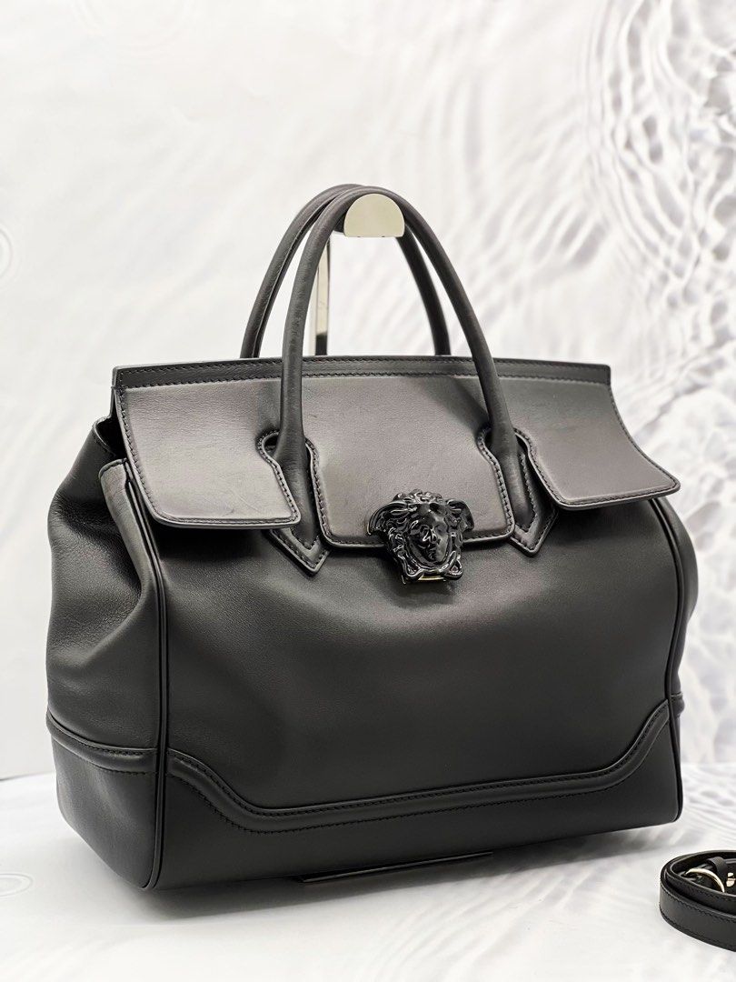 VERSACE MEDUSA EMPIRE PALAZZO BLACK LEATHER TOTE HANDLE BAG WITH STRAP ...