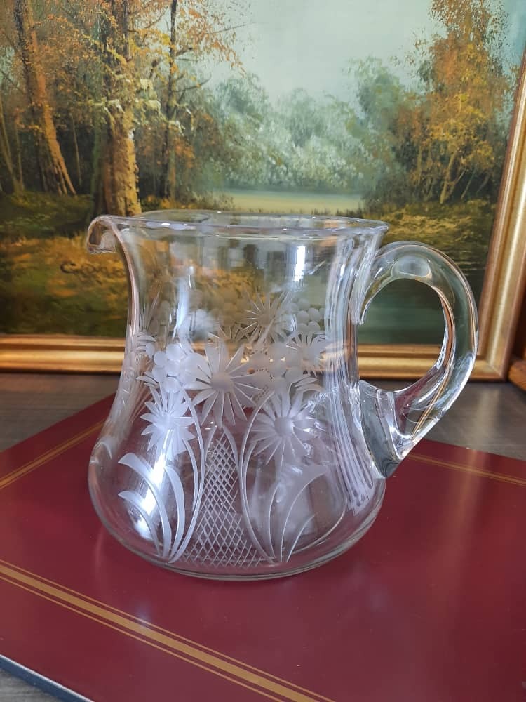 Vintage Bedside Crystal Glass Water Jug Etched Foliage. H5.25" D5 ...