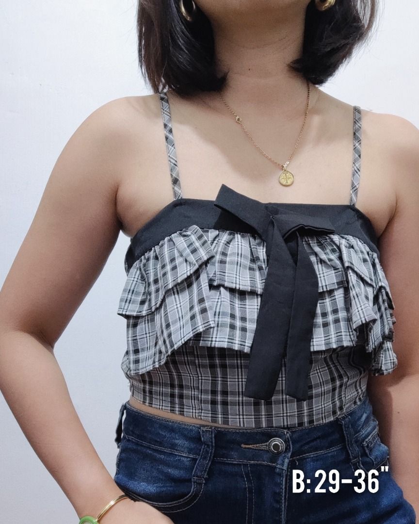 2 FOR 00 - BLACK AND WHITE CHECKERED SPAGHETTI STRAP TOP WITH RIBBON XS ...