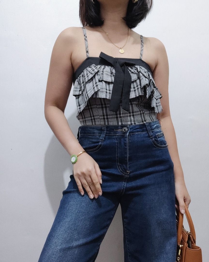 2 FOR 00 - BLACK AND WHITE CHECKERED SPAGHETTI STRAP TOP WITH RIBBON XS ...