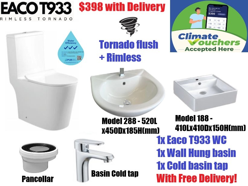 Climate voucher Eaco T933 Tornado flush rimless wall hung basin cold basin tap free delivery ...