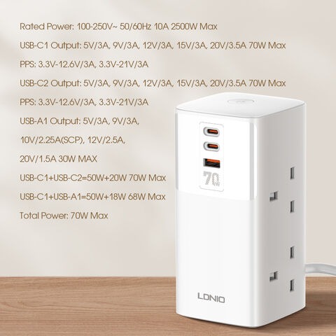 LDNIO SC4383 70W Multi Plug Tower Extension Socket w/ 3 USB (2-USB C,1 ...