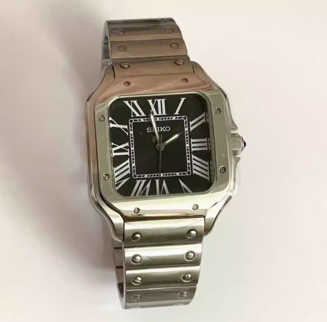 Seiko Cartier Santos Black Dial Mod 38mm Ladies, Women's Fashion ...
