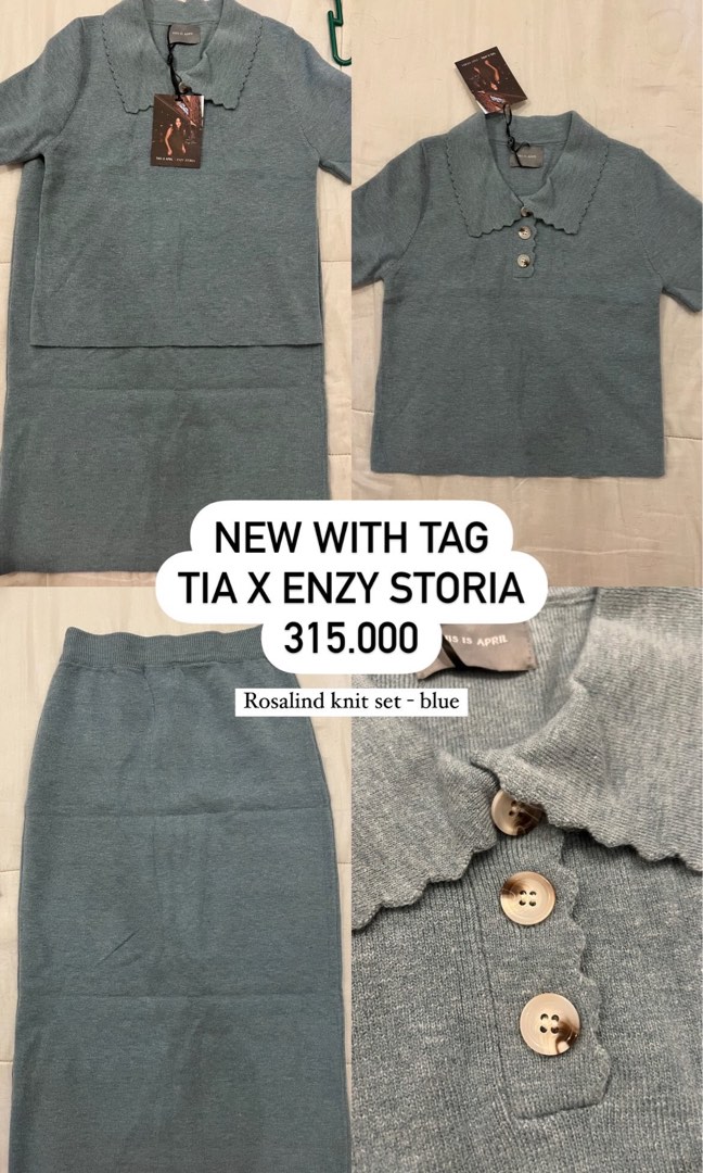 TIA x Enzy Storia knit set blue, Fesyen Wanita, Pakaian Wanita, Gaun & Rok di Carousell