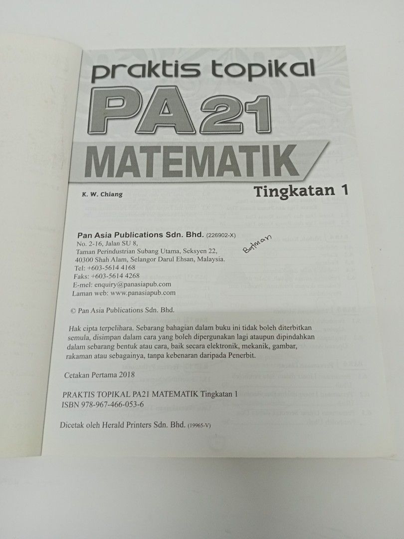 Buku latihan praktis topikal pa21 Matematik tingkatan 1 Dwibahasa Berdasarkan KSSM, Pan Asia ...