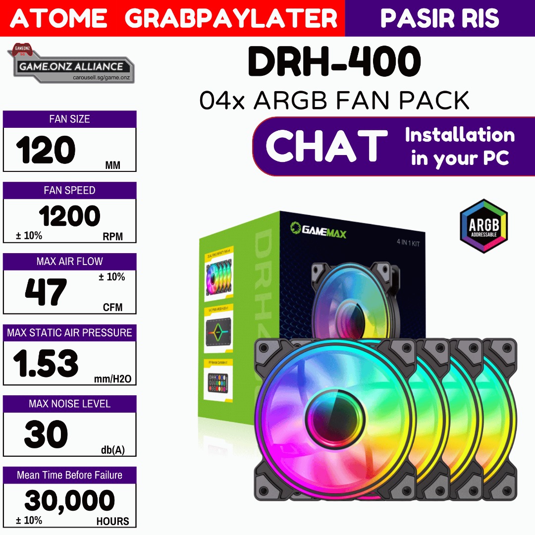 GAMEMAX DRH400 ARGB 120MM QUAD FAN PACK with CONTROLLER 12CM COOLING ...