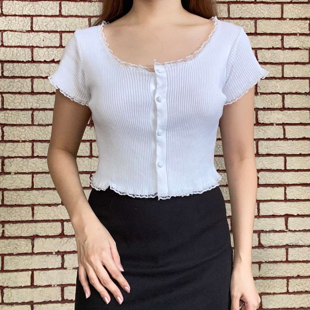 lace-ribbed coquette top, Women's Fashion, Tops, Blouses on Carousell