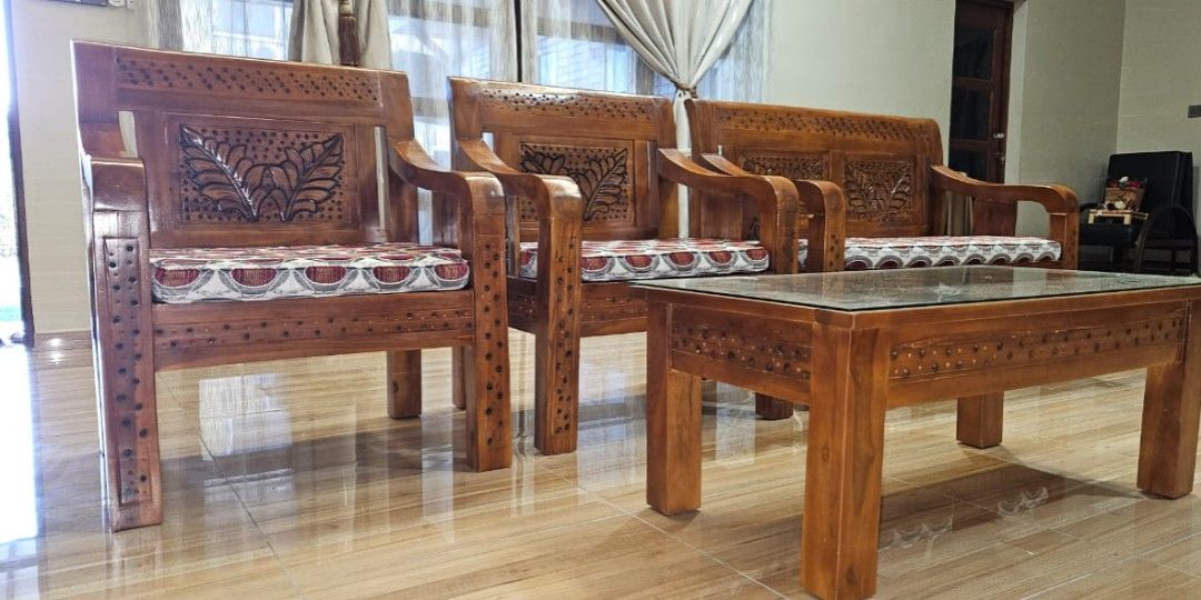 Set Sofa Kayu Jati, Furniture & Home Living, Furniture, Sofas on Carousell