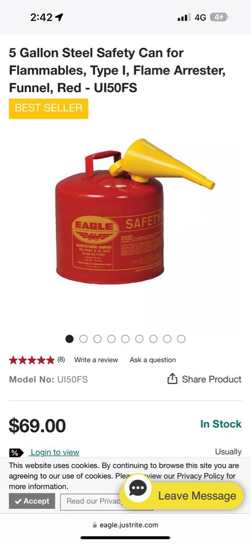 5 Gallon Steel Safety Can for Flammables, Type I, Flame Arrester, Funnel, Red - UI50FS Model No ...