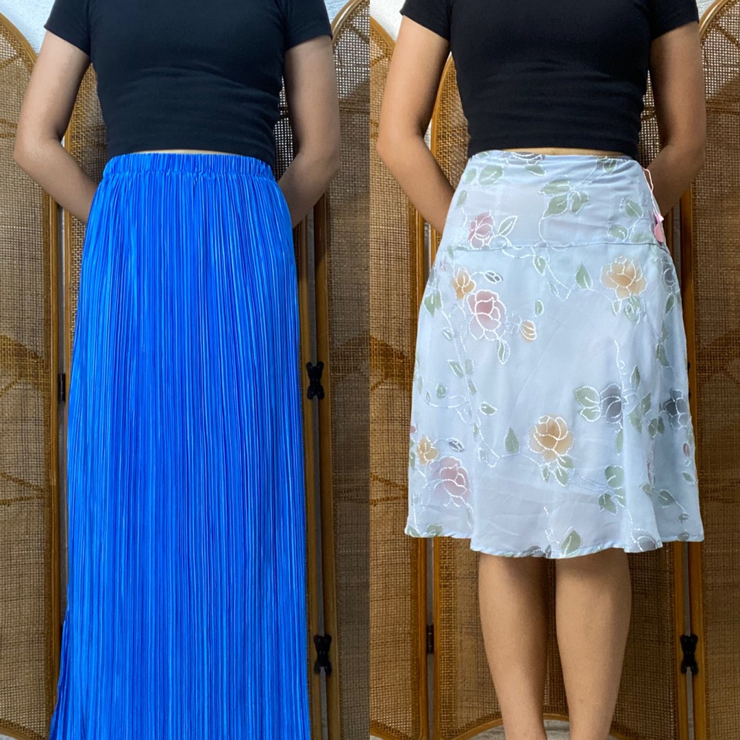 Azure blue pleated maxi skirt & Baby blue floral midi skirt, Women's ...