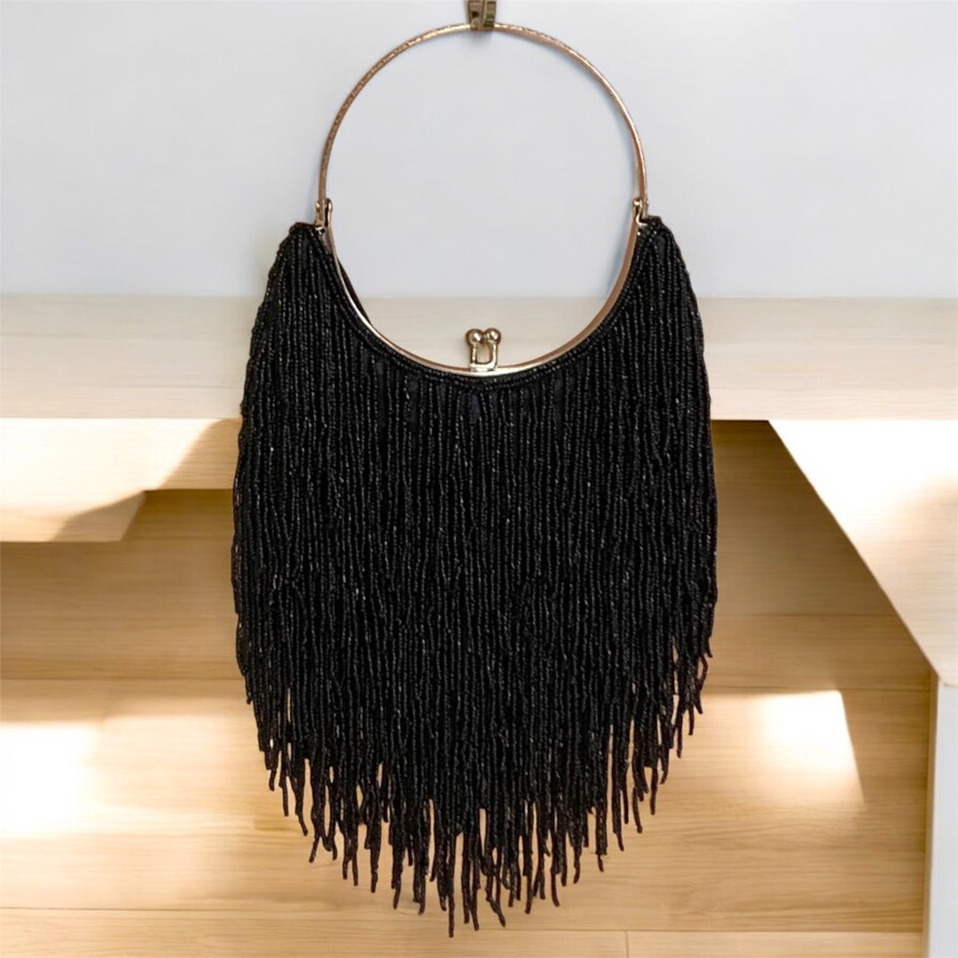 BNWT Heavy Beaded Black Formal Metal Ring Handle Purse - Prom Party ...