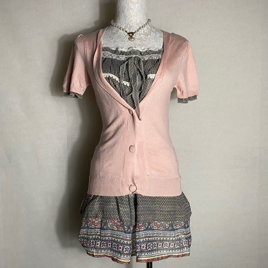 Coquette Baby Pink Knit Cardigan with Intact Pattern Sheer Lace Mini ...