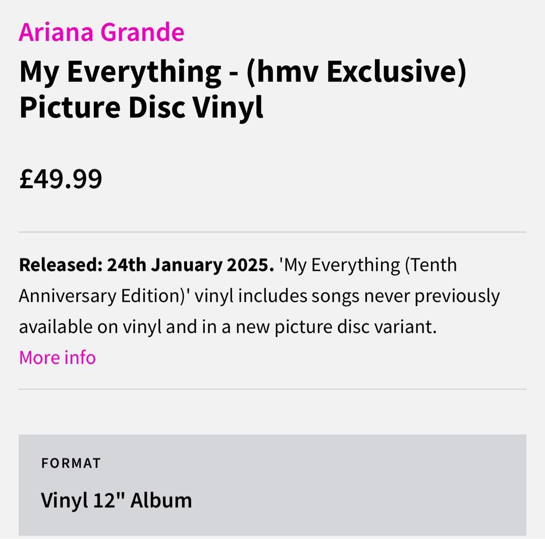 HMV exclusive Pre order 25/1/2025 Ariana Grande My everything 10th anniversary Picture Vinyl ...