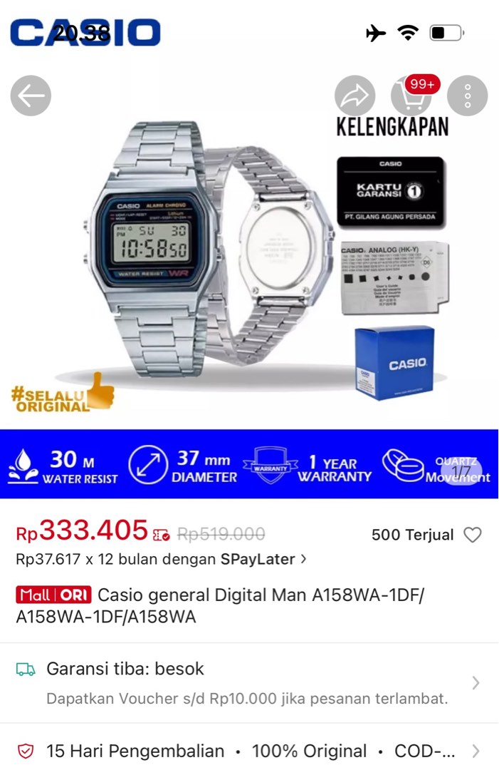 Jam Casio A158WA-1DF #gshock #casio #garmin #fossil, Fesyen Wanita, Jam ...